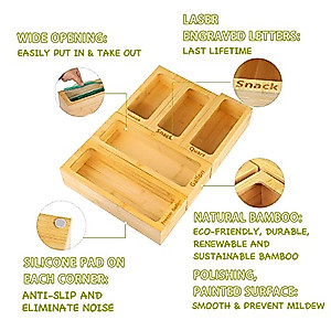 LIBWYS Bamboo Storage Bag Organizer Compatible with Ziploc, Solimo, Glad, Hefty for Gallon, Quart, Sandwich, Snack & Freezer Gallon Variety Size Bag Holder Kitchen Drawer Dispenser