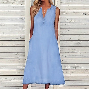 A Line Dresses for Women Mid Length Denim Dresses for Women's Summer Casual Loose Soft Jeans Dress V Neck Sleeveless Sky Blue