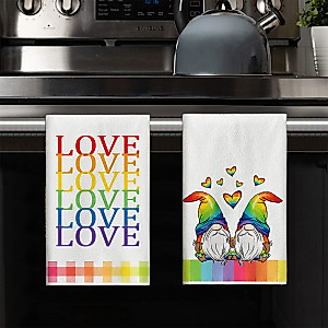 Artoid Mode Love Heart Gnomes LGBT Home Kitchen Dish Towels, 18 x 26 Inch Ultra Absorbent Coffee Tea Bar Hand Towels Bathroom Gift for Cooking Baking Set of 2