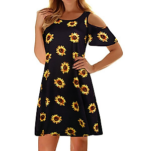 Tanst Sky Sunflower Dress for Women, Ladies Summer Sexy Club Outfits Vestidos De Verano para Mujer Stretchy Mid Length Swing Sun Dresses with Pockets Black L
