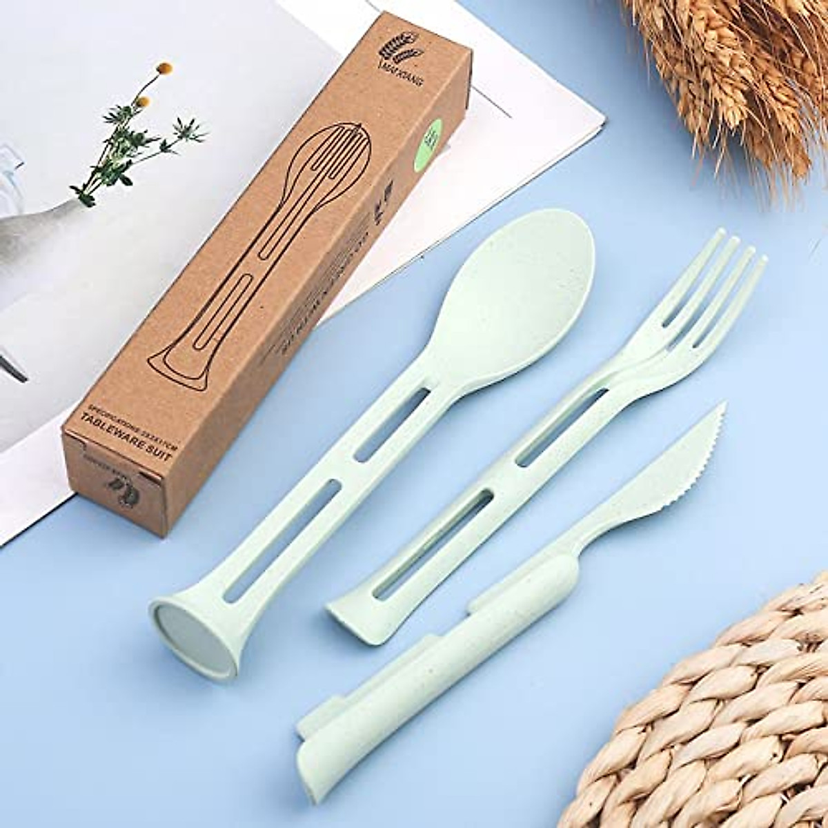 3pcs/set 3 in 1 Travel Portable Cutlery Set Japan Style Wheat Straw Knife Fork Spoon Student Dinnerware Sets Kitchen Tableware (Green)