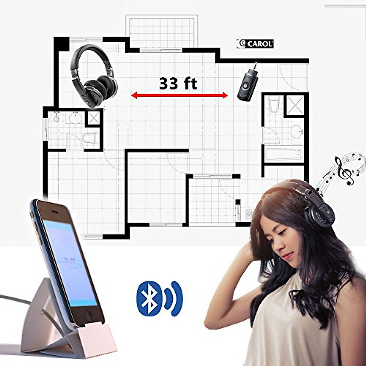 CAROL Wireless Headphone Bluetooth with Transmitter and Receiver Comfort Fit, Hi-Res Audio, BTH-830 Black, Detachable Over Ear Foldable Headphone