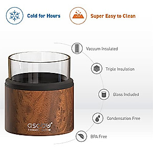 asobu Whiskey Glass with Insulated Stainless Steel Sleeve, 12 ounces (Natural Wood)