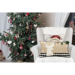 KACOPOL Black White Buffalo Plaid Deer Throw Snowflake Merry Christmas Throw Pillow Cover Linen for Couch Bed Sofa Car Cushion Covers 12 x 20 inch Pillow Case