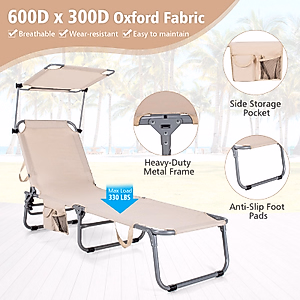 Goplus Tanning Chair, Foldable Beach Lounge Chair with 360°Canopy Sun Shade, Side Pocket, 5-Position Adjustable Outdoor Chaise Lounge Chair for Patio Pool Yard Lawn (1, Beige)
