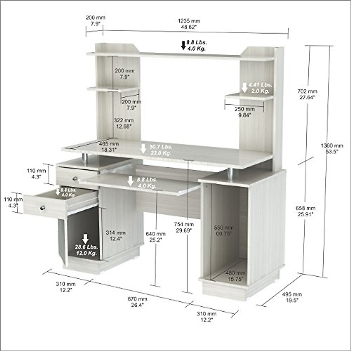 Inval America Computer Work Center with Hutch, 19.5 x 48.62 x 53.5, Washed Oak