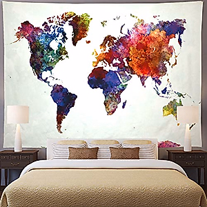 Ameyahud World Map Tapestry Classroom Tapestry Watercolor World Tapestry Educational Geography Tapestry Colorful Painting National World Tapestry Wall Hanging Decor for Bedroom Dorm