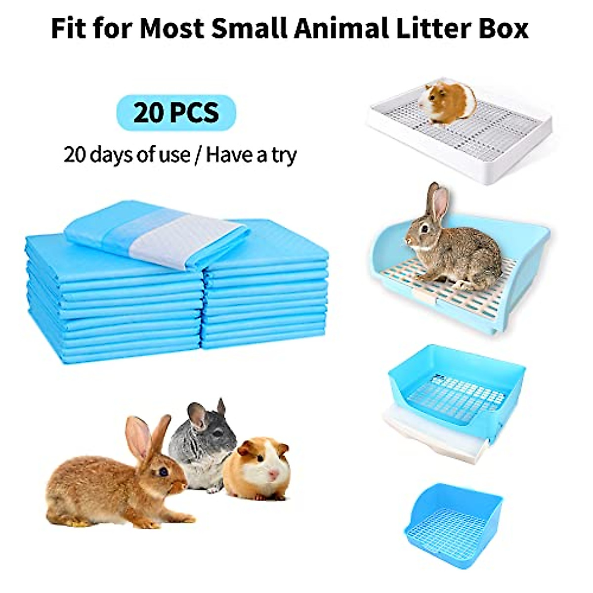 Amakunft Rabbit Pee Pads, Pet Toilet/ Potty Training Pads, Super Absorbent Guinea Pig Disposable Diaper for Hedgehog, Hamster, Chinchilla, Cat, Reptile and Other Small Animal (20pcs-18 x13, Blue)