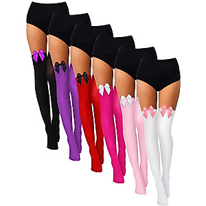 Geyoga 6 Pairs Satin Bow Stockings Women Thigh High Stockings Over Knee Long Stockings Halloween Socks for Women Dress(Average Size,Vivid Color)