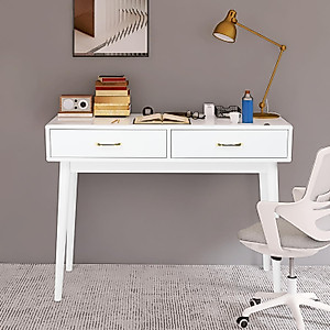 Rotihom Small White Desk with 2 Drawers, Modern Writing Desk for Small Spaces, Home Office Desk for Study, Laptop Computer Desk for Work, Makeup Vanity Table for Bedroom (White)