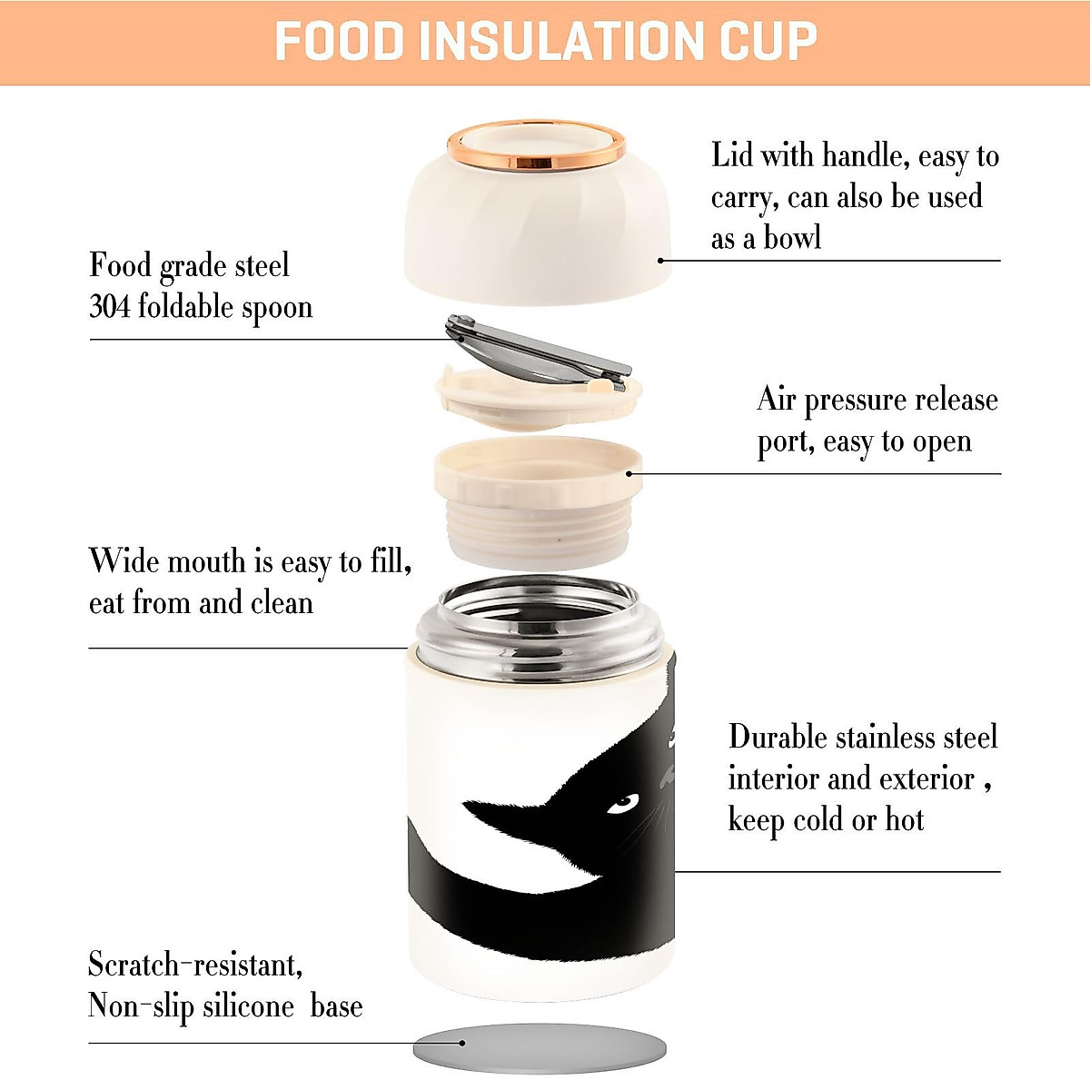 CUPADA Cat Paw Food Jar for Hot and Cold, Black Cat Insulated Food Jars Vacuum 17OZ with Folding Spoon for Work Trip Picnic Camping