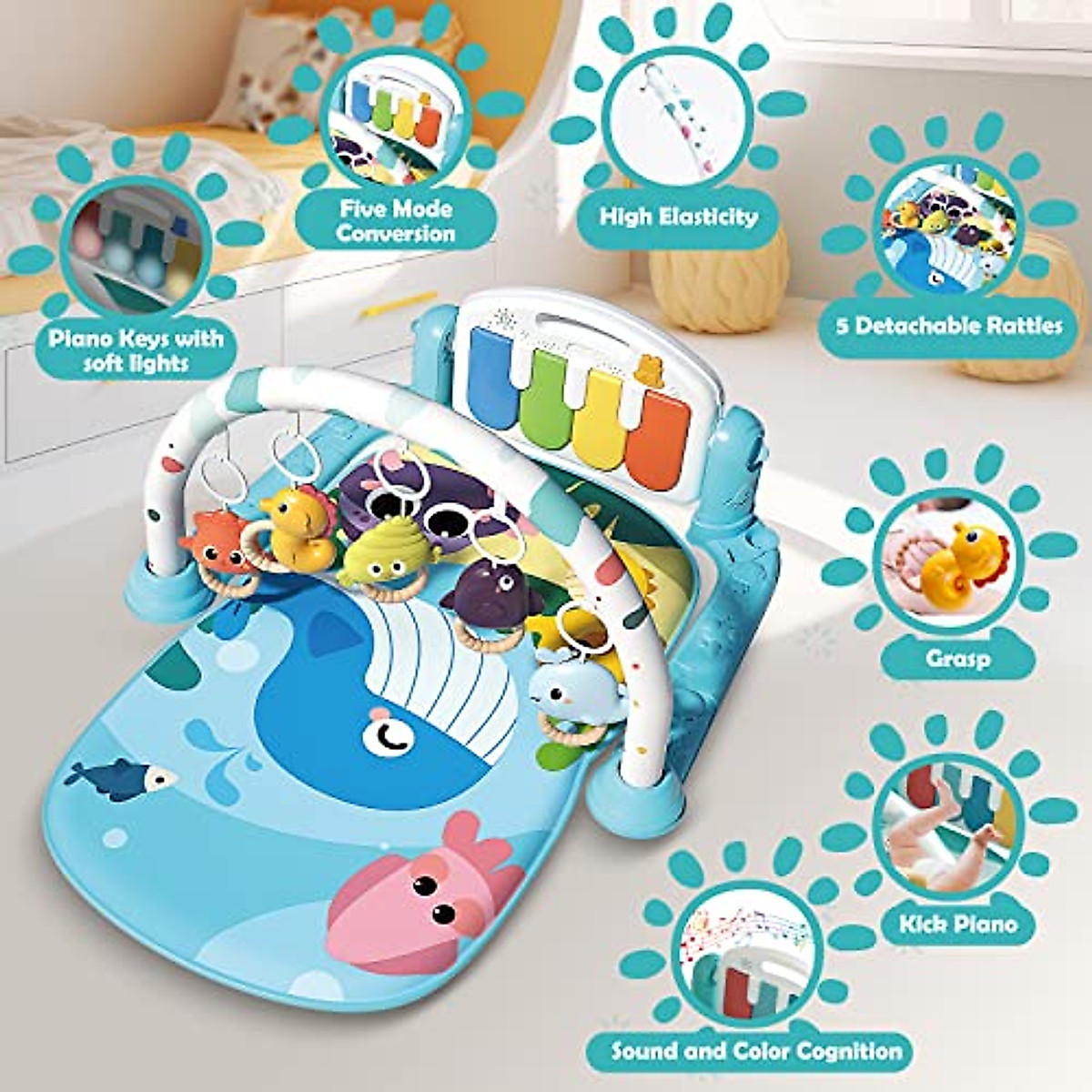 Nutsball Baby Gym Play Mat, Kick and Play Piano Gym Mat with Music and Lights, Tummy Time Musical Activity Center for Infants Toddlers (Ocean World Blue)