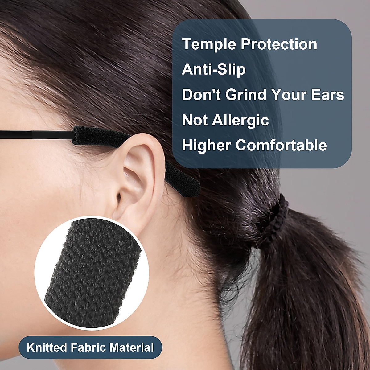 4pcs Eyeglasses Temple Tips Sleeve Retainer, Upgrade Soft Knitting Cotton Fabric Eyeglass Ear Cushion Anti-Slip Temple Pads for Sunglasses Glasses Reading Glasses (Black)