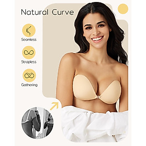 Niidor Adhesive Bra Strapless Sticky Invisible Push up Silicone Bra for Backless Dress with Nipple Covers Nude(B Cup)