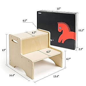 Wood City Wooden Toddler Step Stool for Kids, Bathroom Potty Stool & Kitchen Stool, Natural Two Step Stool for Bedroom, Children's Stool with Handles and Safety Non-Slip Pads