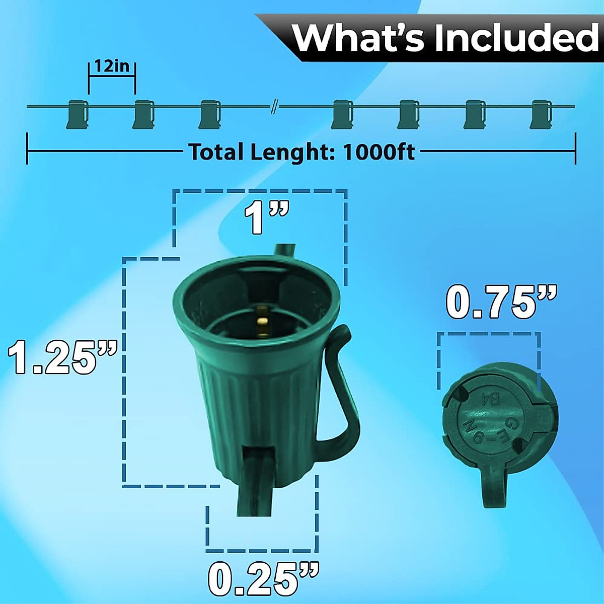 MIK Solutions 1000 Feet C9 Christmas Spool Green Wire with Socket Stringer Bulk Reel, 12" Spacing, Intermediate Base (C9/E17), SPT-1 (1000, 1000Ft)