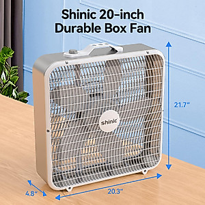 shinic 20 Inch Box Fan,3-Speed Cooling Fan for Air Circulation with Easy Carry Handle and Safety Grills,Powerful Fan for Indoor Use Home Garage and workshop,White