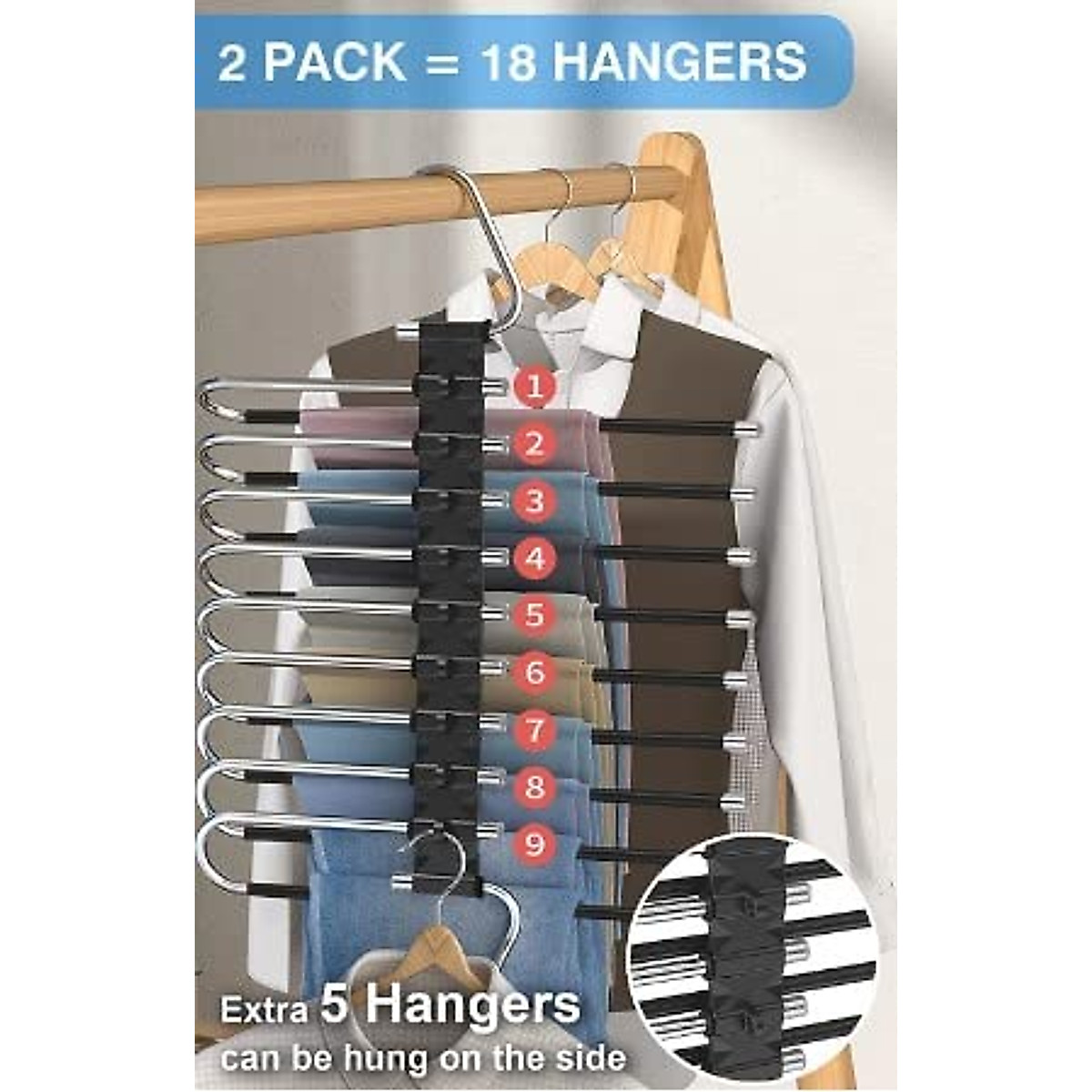 OZUAZ 2 Pack 9 Layers Pants Hangers Space Saving Trousers Hangars Space Saving Hanger Organizer Pant Hangers Multi-Functional Wardrobe Hanger Closet Pants Organizer