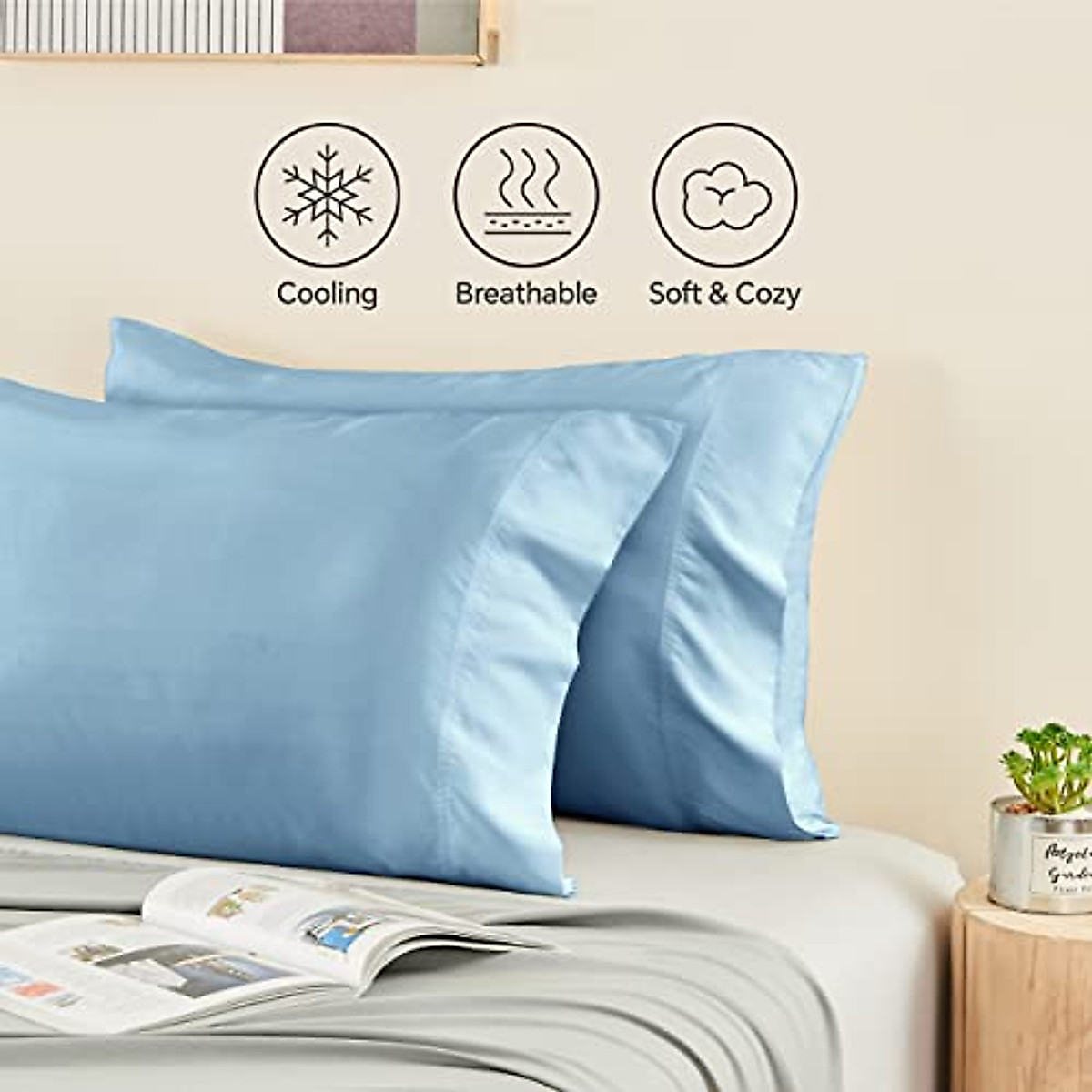 BEDELITE Pillow Cases Standard Size Set of 2, Rayon Derived from Bamboo, Cooling Pillow Cases for Hot Sleepers & Night Sweats, Breathable and Silky Soft Envelope Pillowcases(Blue, 20"x26")