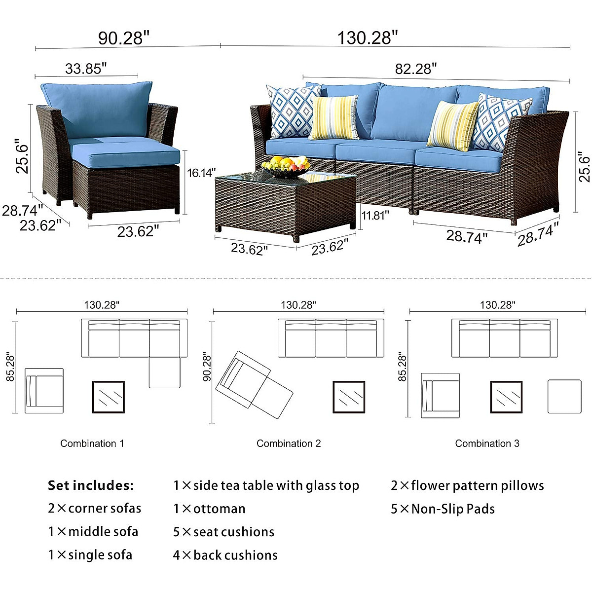 ovios Patio Furniture Set 6 Piece Fully Assembled Outdoor Furniture Conversation Set All Weather High Back Sofa Rattan Wicker Sectional Sofa Set for Yard Deck Porch (Blue)