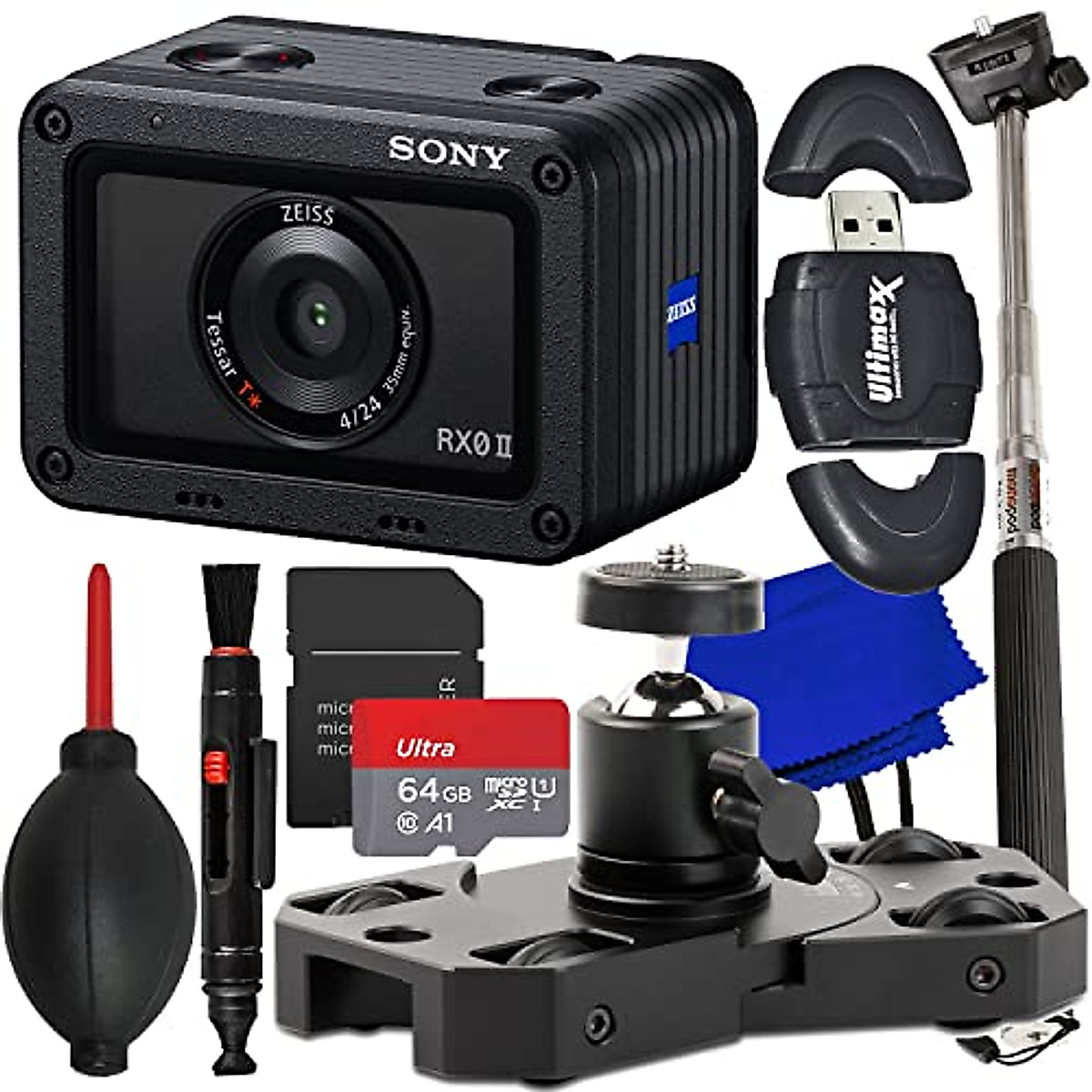 Sony Cyber-Shot DSC-RX0 II Digital Camera + SanDisk 64GB Ultra microSD Memory Card, Portable Mini Metal Camera Dolly, Portable Handheld Monopod/Selfie Stick & More (13pc Bundle)