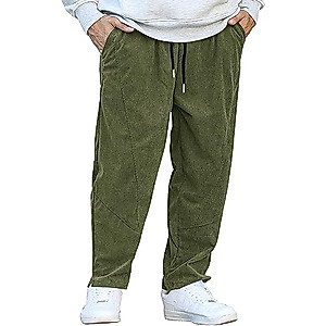 COOFANDY Men Corduroy Pants Drawstring Waist Loose Casual Long Trousers with Pockets, ArmyGreen, XL