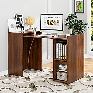 Tangkula Extendable Computer Desk for Small Space, Reversible Study Writing Desk with Mobile Shelves & Anti-Tipping Kit, Home Office Desk, Pull-Out Laptop Workstation Desk (Brown)
