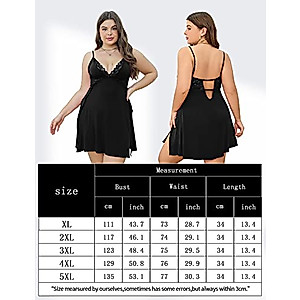 Queenfox Plus Size Babydoll Lingerie for Women Sexy Nightgowns Side Slit Sleepwear V-Neck Babydoll Dress Lace Chemise Black 3XL