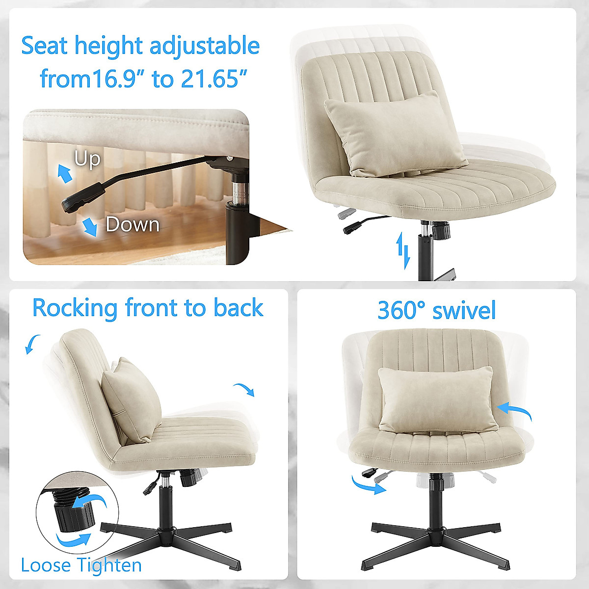 Art Leon Criss Cross Chair - with Ottoman and Pillow, Armless Office Desk Chair No Wheels, Modern Swivel Height Adjustable Mid Back Wide Seat Computer Task Vanity Chair for Home Office, Off White