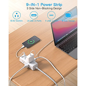 Power Strip Surge Protector - 6 Widely Outlets with 3 USB Ports (1 USB C), 3-Side Outlet Extender Strip with 5 Ft Extension Cord, Flat Plug, Wall Mount, Small Power Strip for Travel Office Dorm Home