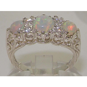 LetsBuyGold 925 Sterling Silver Natural Opal and Diamond Womens Cluster Ring - Sizes 4 to 12 Available