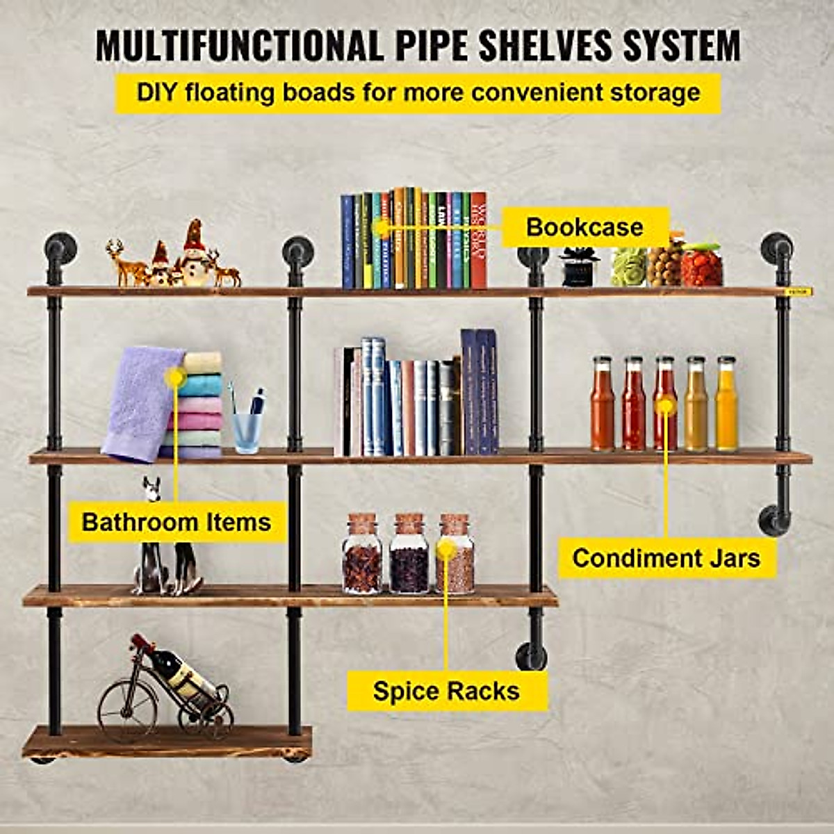 VEVOR Industrial Pipe Shelving, Pipe Shelves with 4-Tier Wood Planks, Rustic Floating Shelves Wall Mounted, Wall Shelf DIY Bookshelf for Bar Kitchen Bathroom Farmhouse Living Room, 63x50x11 inch