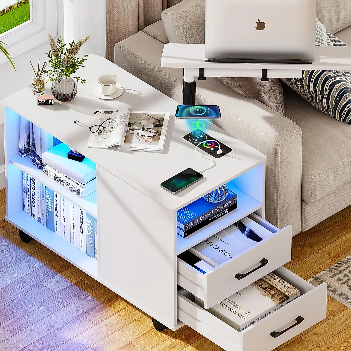 JDPAG RGB Nightstand with Wireless Charging Station, Smart End Table with 24-Color LED Lignts, Modern Night Stand with 360° Laptop Tray, Large Side End Table with Open Shelf, 5 Wheels