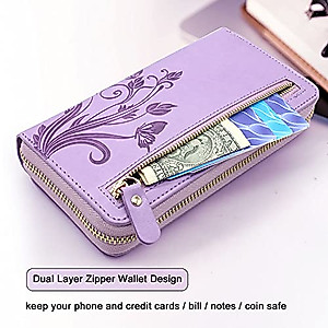 Lacass Compatible with Samsung Galaxy A13 5G /4G LET Crossbody Chain Dual Zipper Detachable Magnetic Leather Wallet Case Cover Wristlets Wrist Strap 13 Card Slots Money Pocket(Floral Purple)