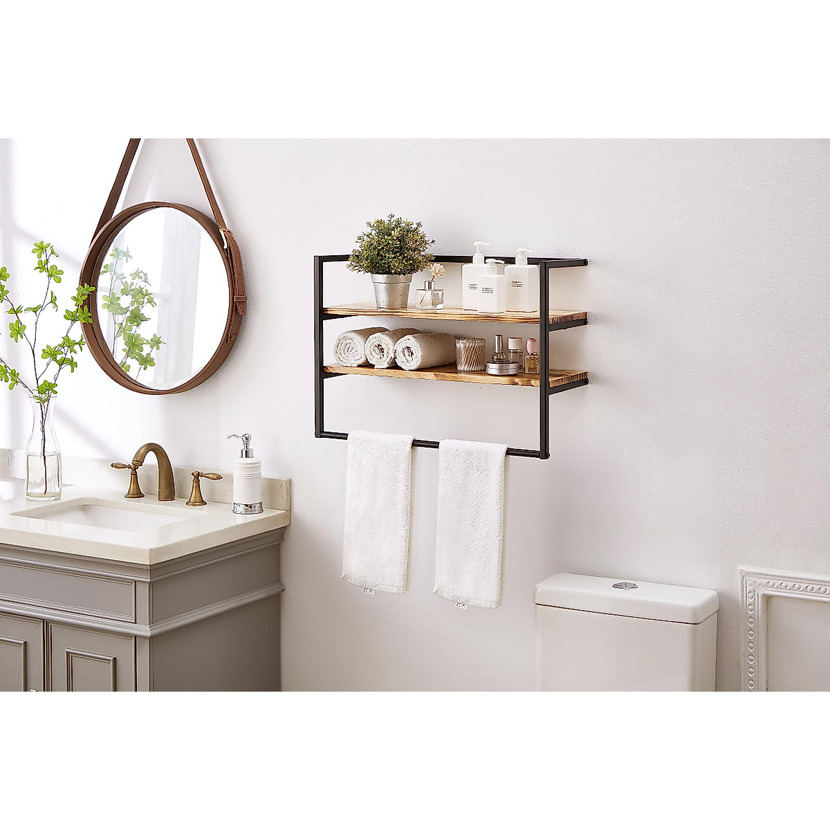 Metal Industrial 2 Tier Bathroom Shelves Wall Mounted,24" Bathroom Shelf with Towel Bar,Wall Shelf Towel Rack Over Toilet,Floating Shelves Towel Holder,Solid Wood Shelves with Metal Frame,Black