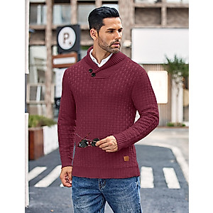 COOFANDY Men's Shawl Collar Sweaters V-Neck Relaxed Fit Basket Knitted Pullovers Wine Red