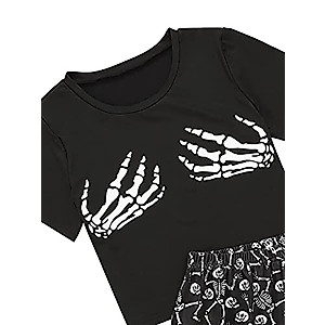SweatyRocks Women's Cute Graphic Print Short Sleeve Crop Top with Shorts Pajama Set Black Skeleton XL