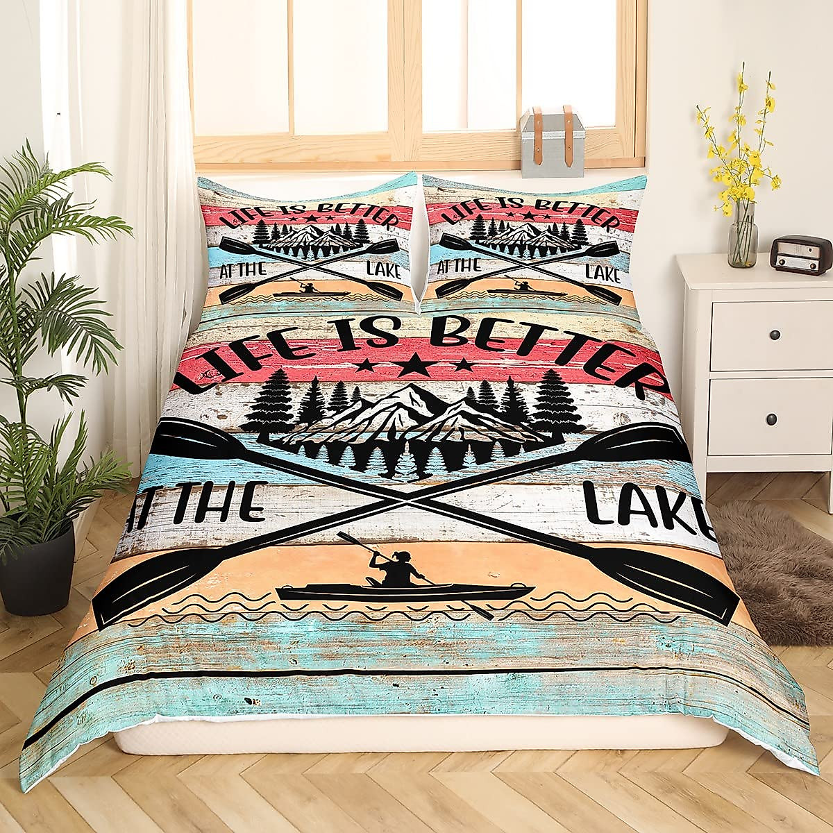 Lake Boating Bedding Set King Size Rustic Farmhouse Wooden Barn Duvet Cover Set 3pcs for Kids Girls Teens Bedroom Decor Outdoor Camping Comforter Cover Vintage Colorful Quilt Cover,2 Pillowcases