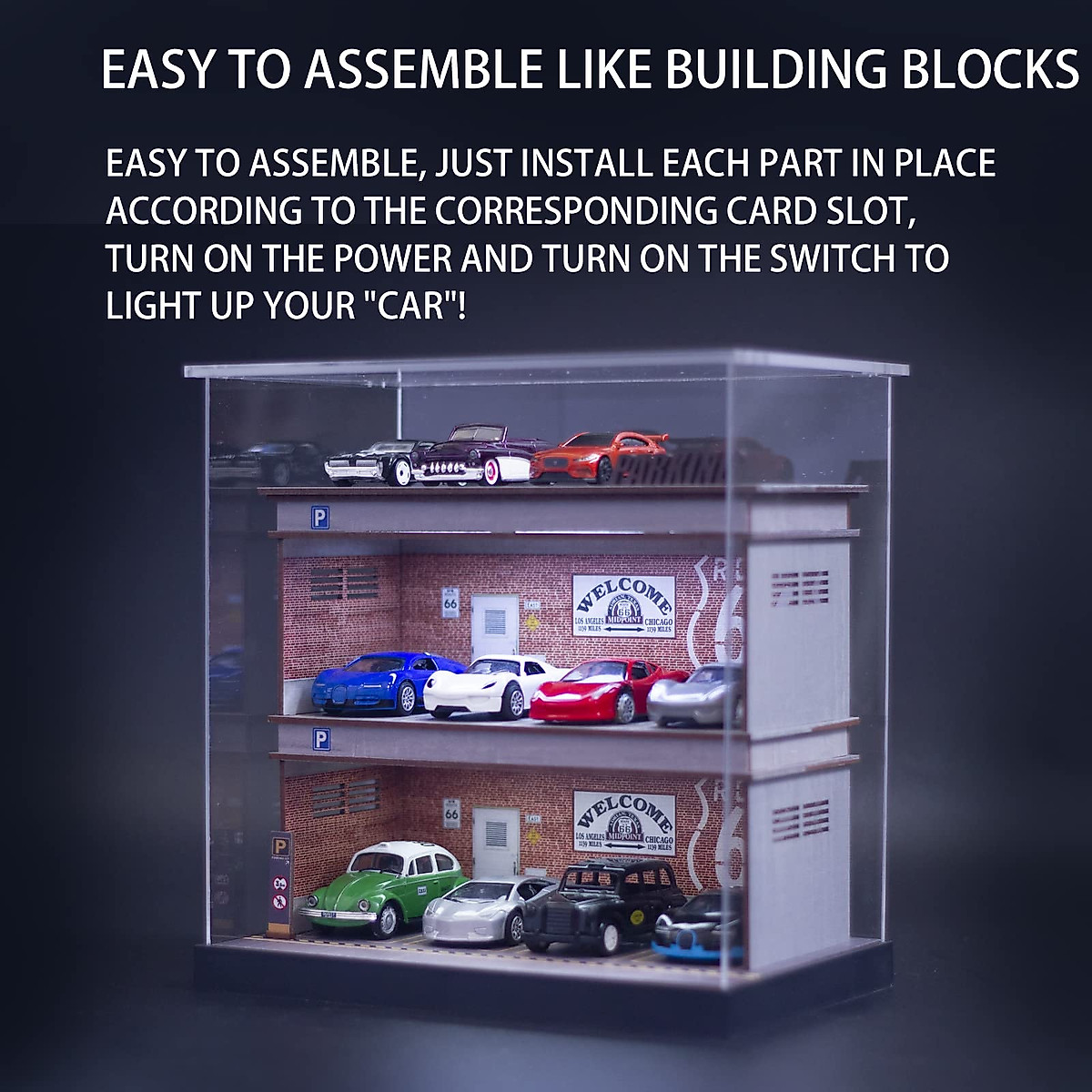 SIKIVOT Double Deck Garage Display Case， 1/64 Scale Parking Lot Model Car， Die-cast Car Garage Display Case，12 Parking Space with LED Light and Acrylic Cover (7642 Red Brick Wall)