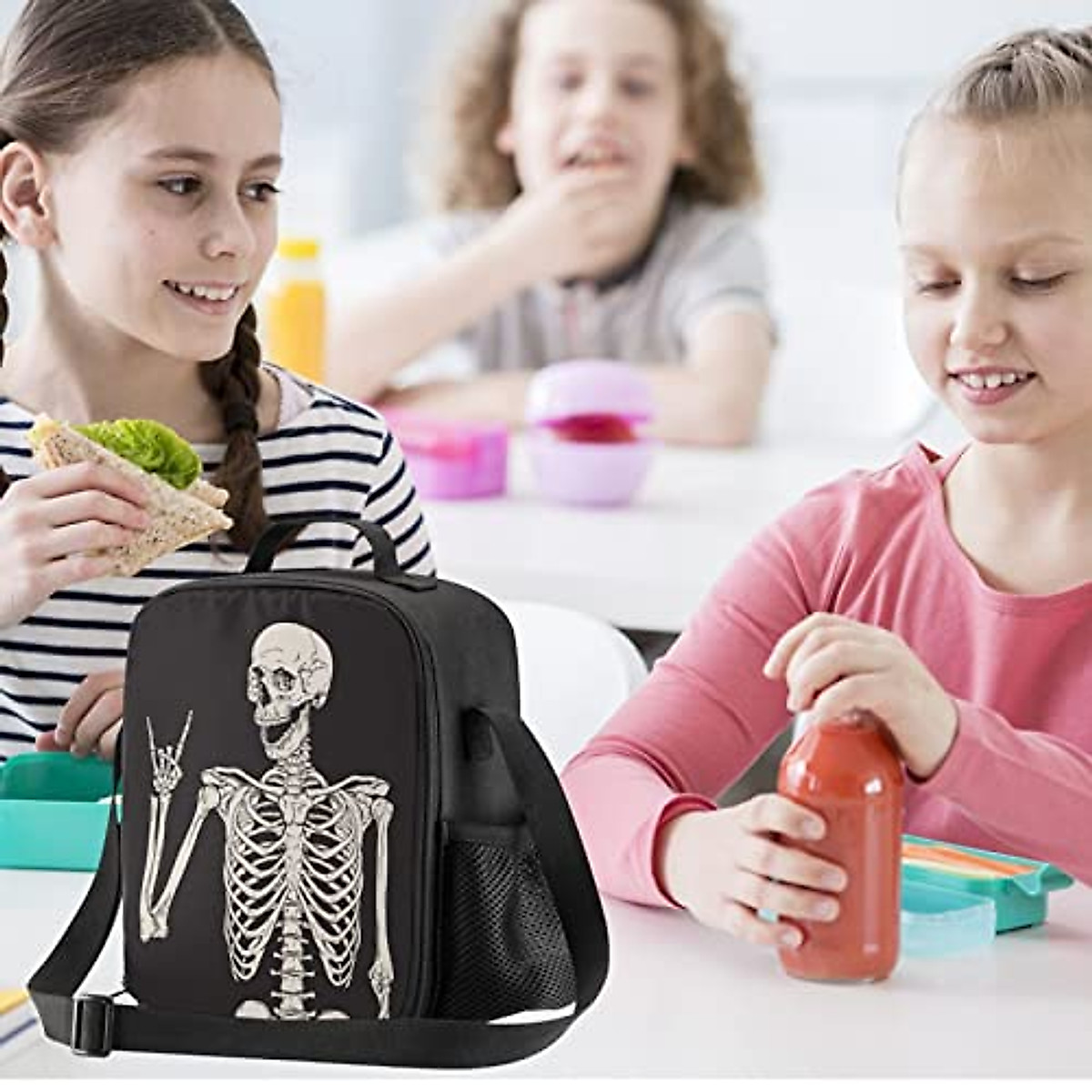 PrelerDIY Funny Skull Lunch Bag Tote Lunch Box Food Bag for Boys Girls with Zipper & Side Pocket & Shoulder Strap
