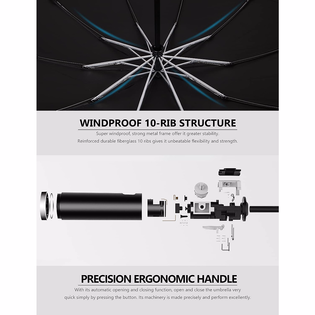 XIXVON UPF 50+ Reverse Folding Umbrella Travel Windproof 99% UV Protection Umbrellas With Reflective Safety Strip Black