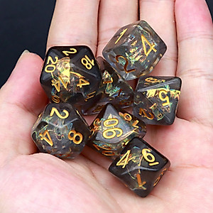 Haxtec Black DND Dice Set 7PCS Filled Resin Polyhedral D&D Dice W/Iridescent Mylar Inclusion Role Playing Dice Dungeons and Dragons Gift