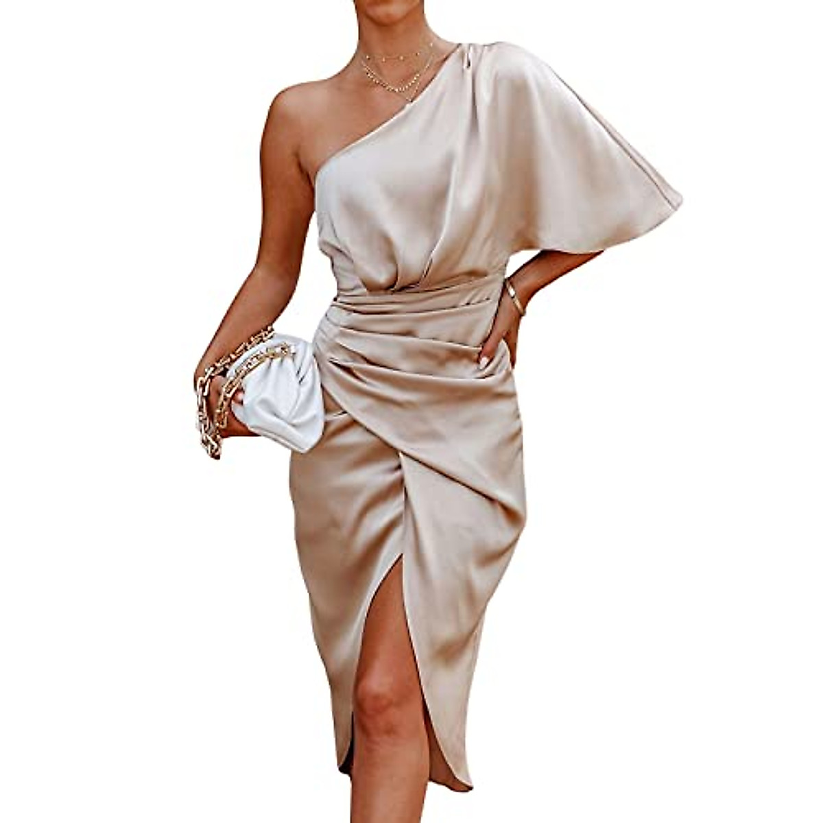 CUPSHE Women Satin Dress Backless One Shoulder Flared Short Sleeves Mid Length High Low Hem Cocktail Party Dress Champagne with Zipper M