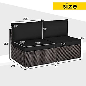 Tangkula 2 PCS Outdoor Wicker Armless Sofa, Patio Rattan Sectional Sofa Set w/2 Thick Seat Cushions and 2 Back Cushions, Additional Seats for Balcony Garden Patio Poolside (Black)