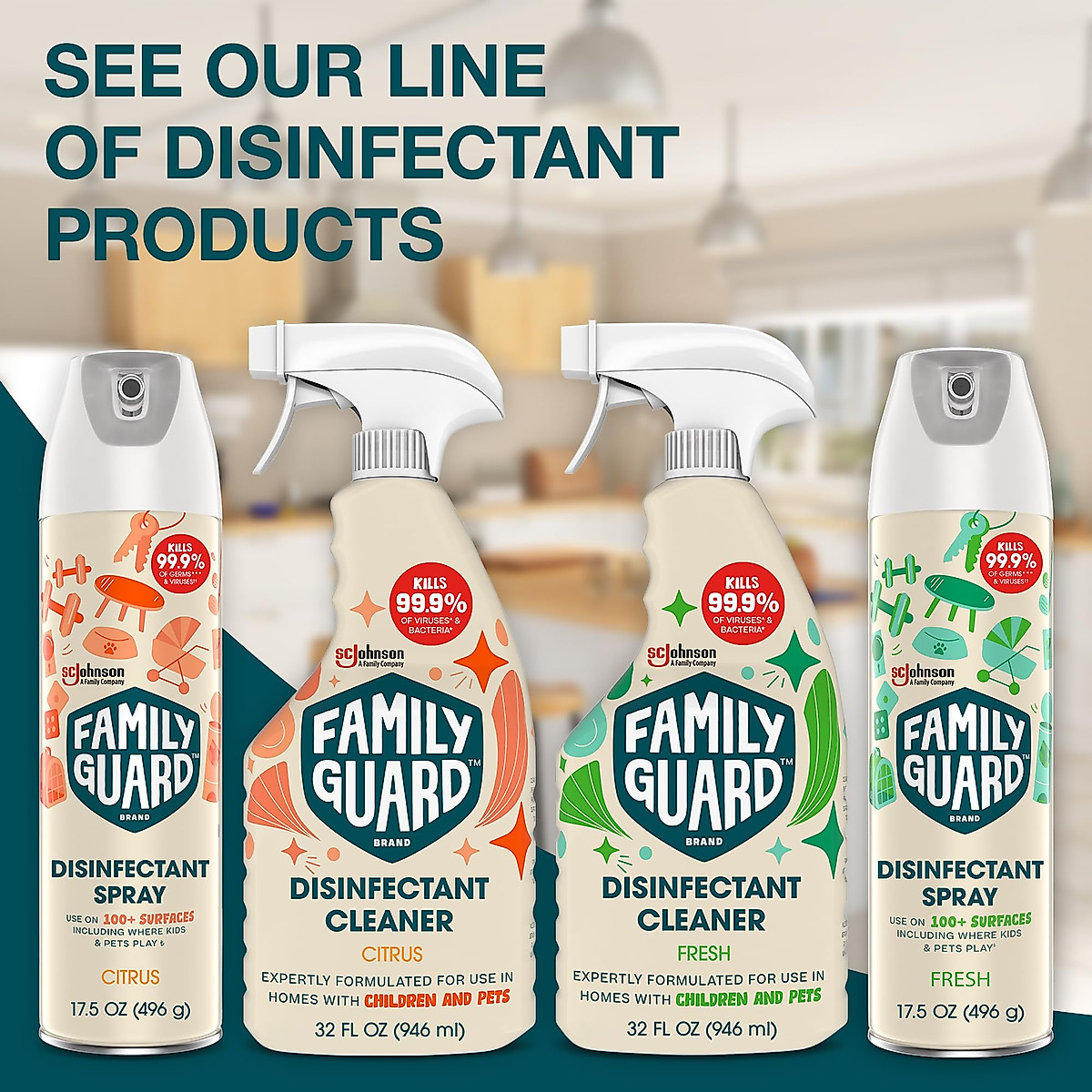 Family Guard Brand Disinfectant Spray Trigger & Multi Surface Cleaner, Antibacterial Spray, Expertly Formulated for Use In Homes with Children & Pets, Citrus Scent, 32 oz (Pack of 1)