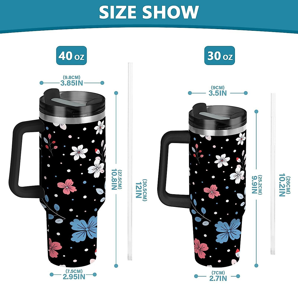 FRCSDIY Beautiful Flowers Insulated Tumbler with Handle and Straw Lid,30oz Leakproof Stainless Steel Cup BPA-Free Water Bottle