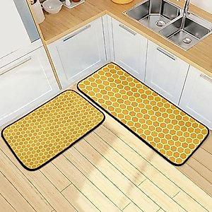 Kitchen Rugs and Mats 2 Pieces Yellow Honeycomb Pattern Anti Fatigue Kitchen Rug Set Non Slip Bath Mat Entry Floor Carpet Entrance Door Mat Runner 20"x28"+20"x47" 20"x28"+20"x47"