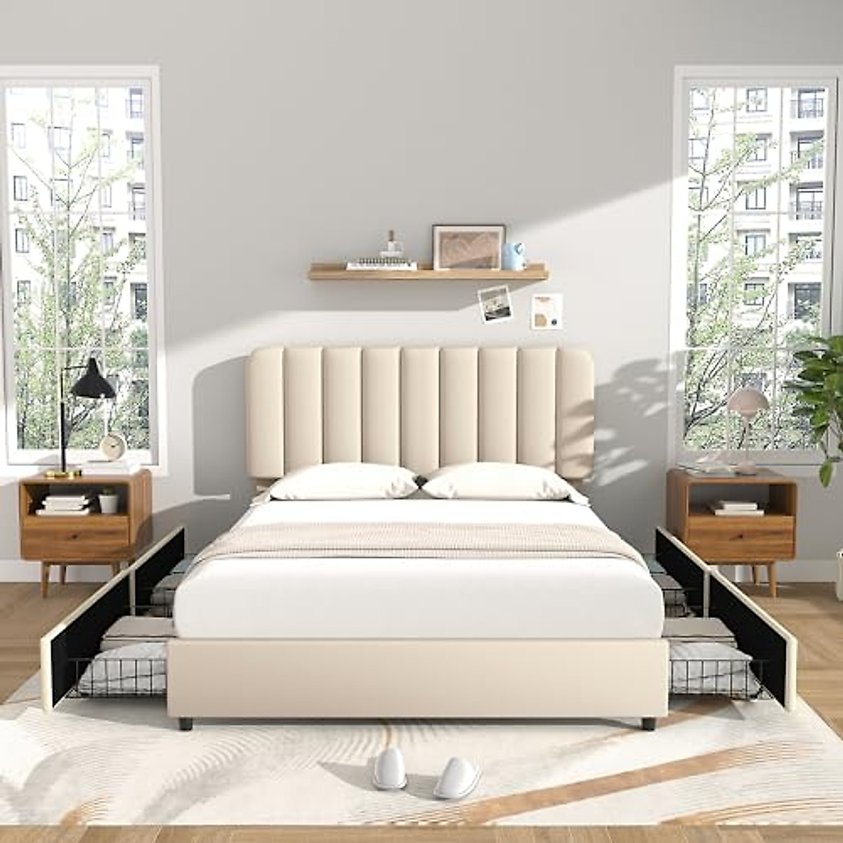 VECELO Queen Size Bed Frame with Ajustable Headboard and 4 Storage Drawers, Velvet Heavy Duty Platform Beds with Strong Wood Slats Support, No Box Spring Needed, Beige