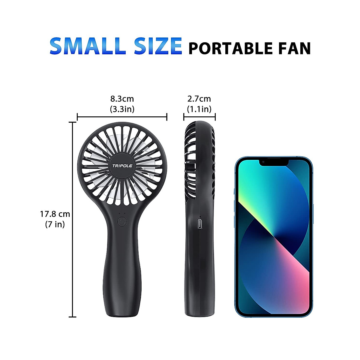 TriPole Mini Handheld Fan 5000mAh Battery Operated Small Fan 2 Speeds Powerful Personal Portable Fan Cute Design USB Rechargeable Electric Fan for Eyelash Makeup Kids Women Men Outdoor Travel, Black