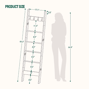 Hzuaneri Blanket Ladder Shelf for Living Room, Decorative Quilt Rack with 4 Removable Hooks, 6-Tier Farmhouse Ladder Holder Organizer for Bedroom, Rustic Brown BR31501B